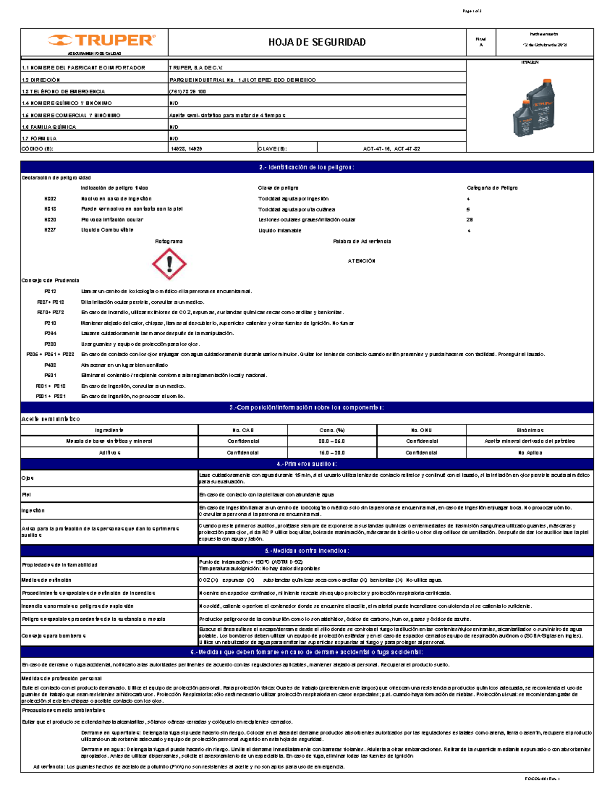 MSDS-44: Hoja de Seguridad para Aceite de Motor 4 Tiempos - Studocu