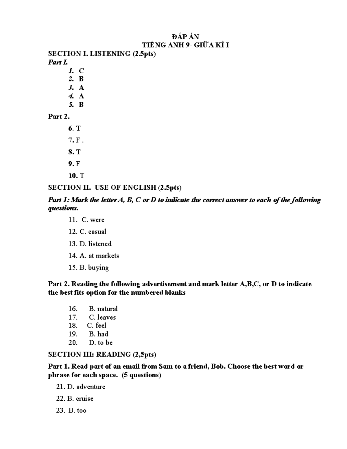 ĐÁP ÁN TIẾNG ANH GIỮA KÌ I AV9 GKI 2526 - SECTION I & II - Studocu