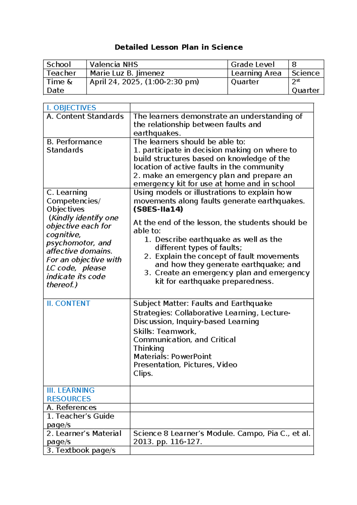 Detailed Lesson Plan: Earthquakes & Faults (Science 8, Quarter 2) - Studocu