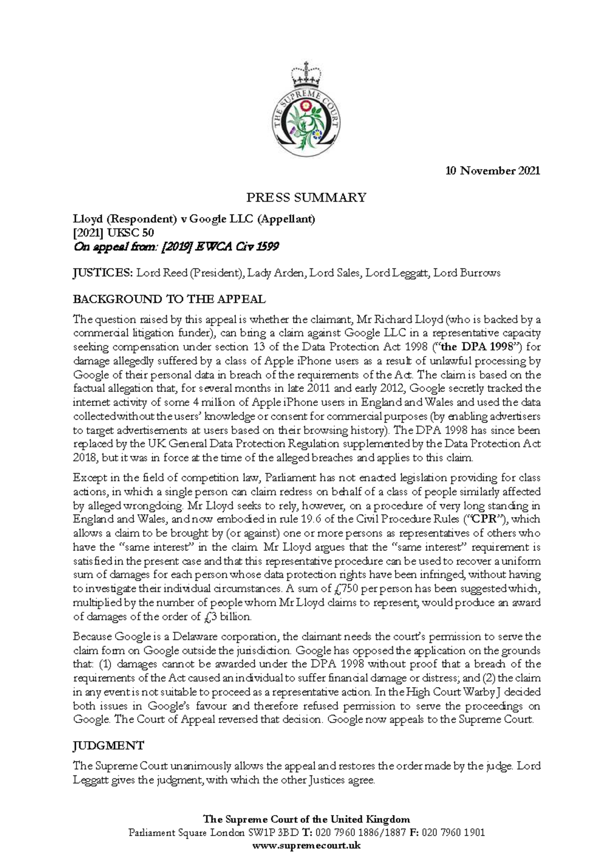 UKSC 50 Press Summary: Lloyd v Google LLC Appeal Analysis - Studocu