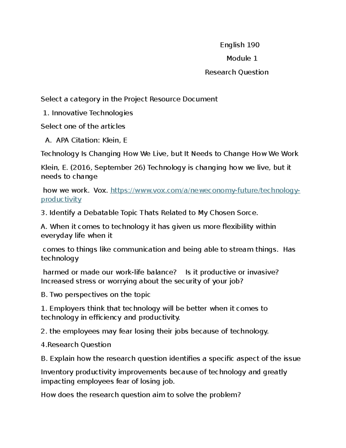 English 190 Module 1: Research Question on Innovative Tech Impact - Studocu