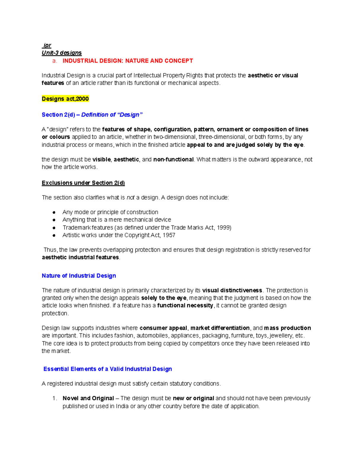 Unit 3 IPR: Industrial Design Concepts and Legal Framework - Studocu