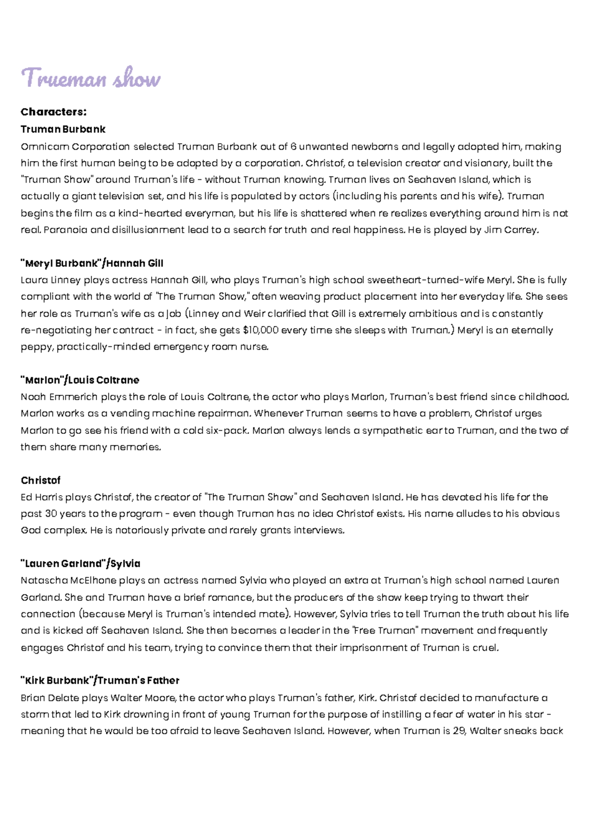 The Truman Show: Character Analysis and Symbolism Insights - Studocu