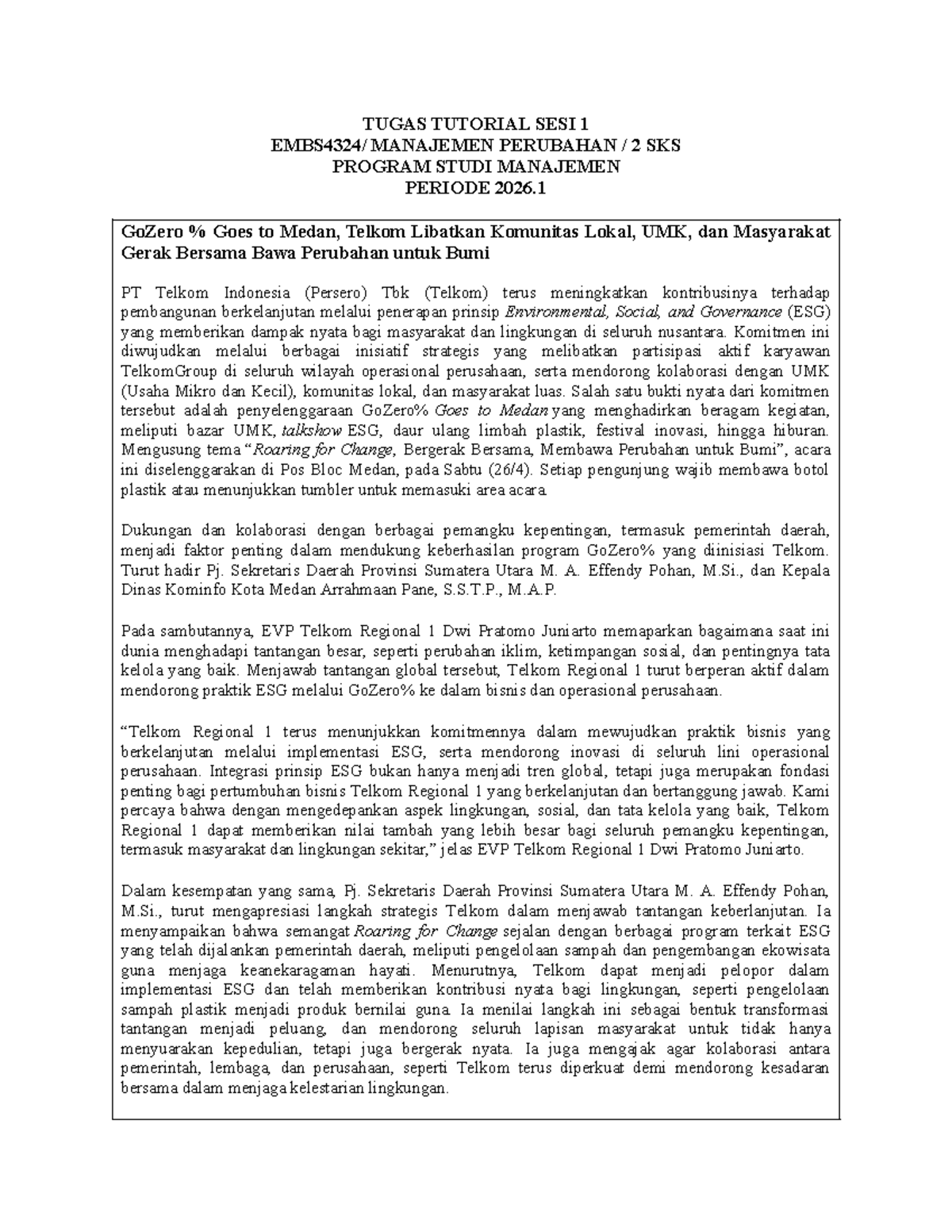 TUGAS 1: MANAJEMEN PERUBAHAN 2 SKS - GOZERO MEDAN 2026.1 - Studocu