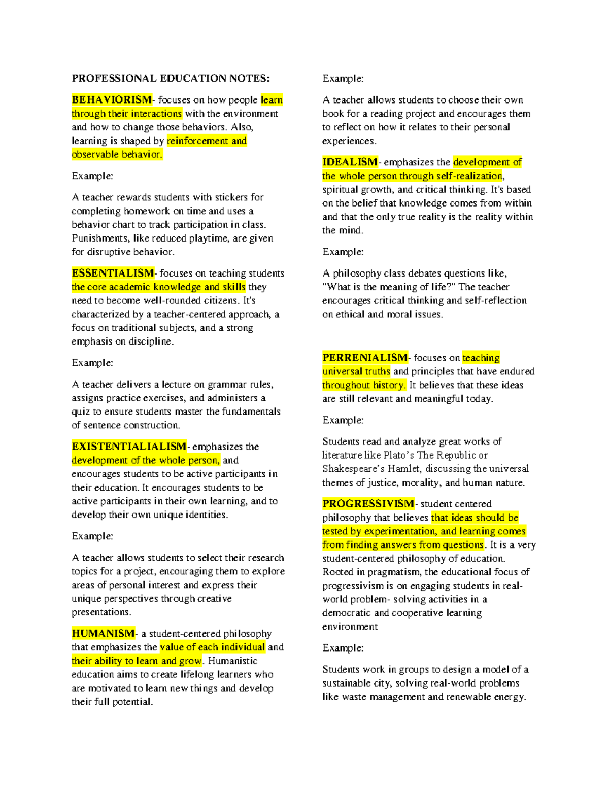 EDUC 201: Comprehensive Notes on Educational Philosophies and Theories ...