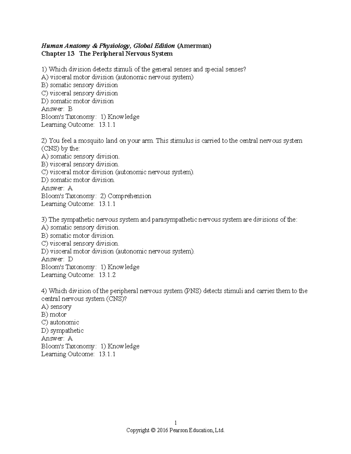 Chapter 13 Test Bank for Human Anatomy & Physiology (Amerman) - Studocu