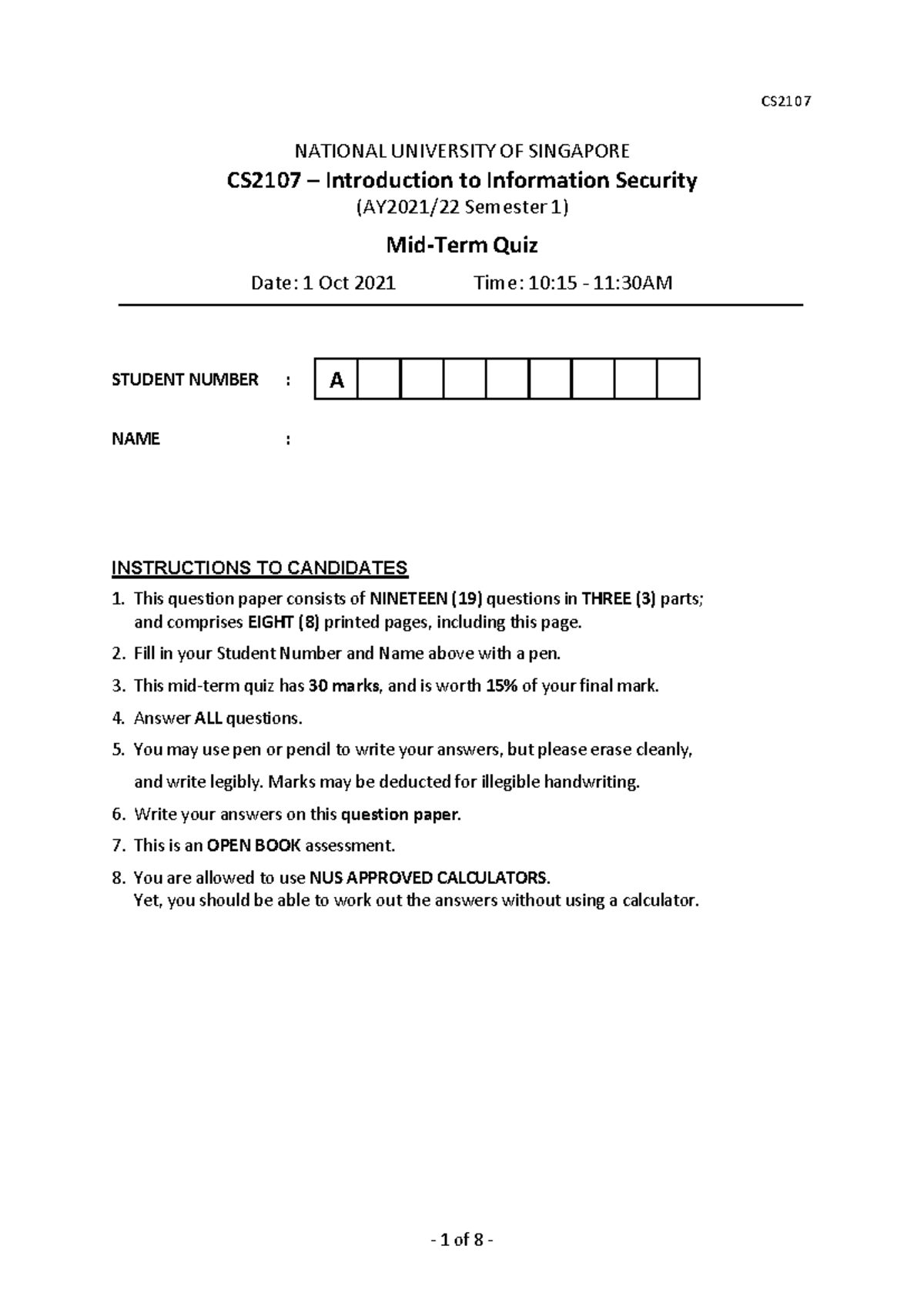 CS2107 AY2122 S1 Midterm Quiz on Information Security - Studocu