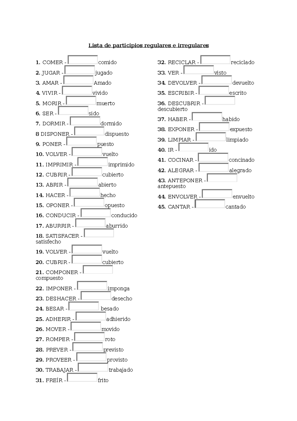 Lista de participios - ,inytbgvrecxc - Lista de participios regulares e ...