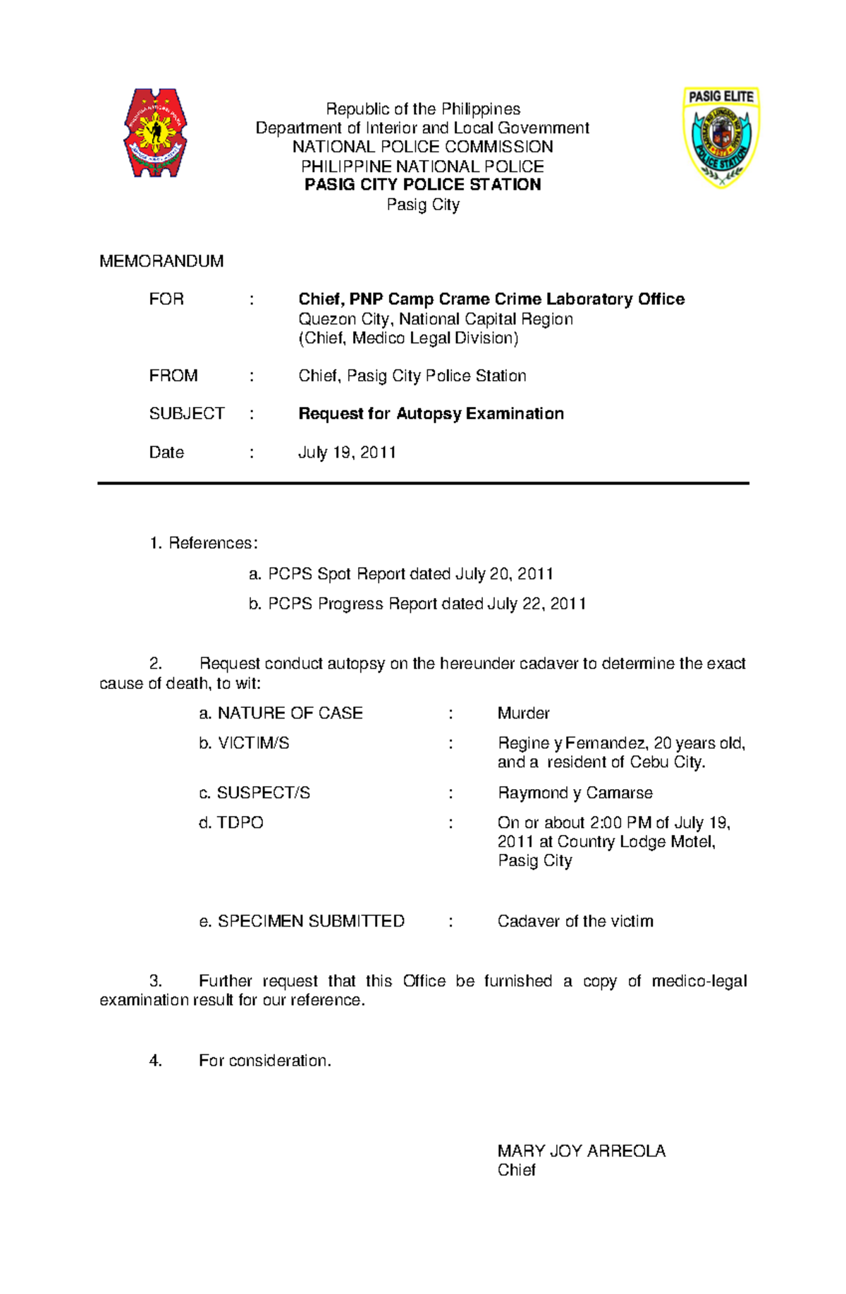 Request for Autopsy Examination - PCPS Memorandum - Studocu