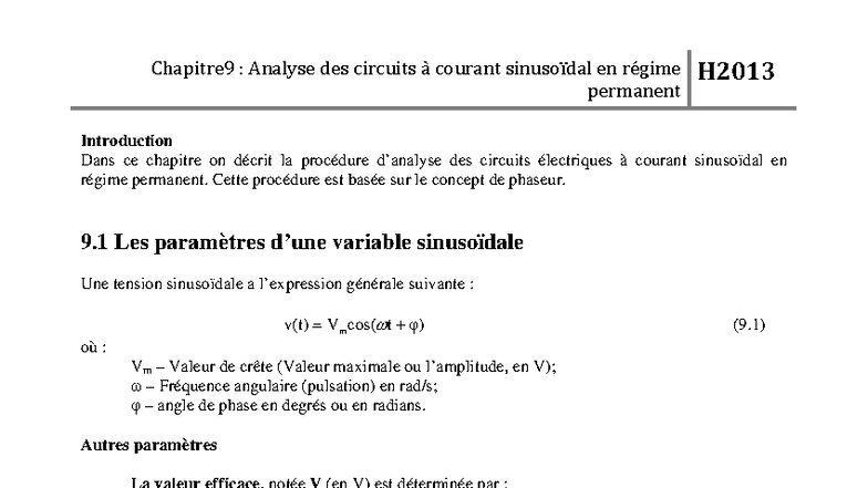 Chapitre 9 : Analyse des Circuits Sinusoïdaux en Régime Permanent H2013 ...