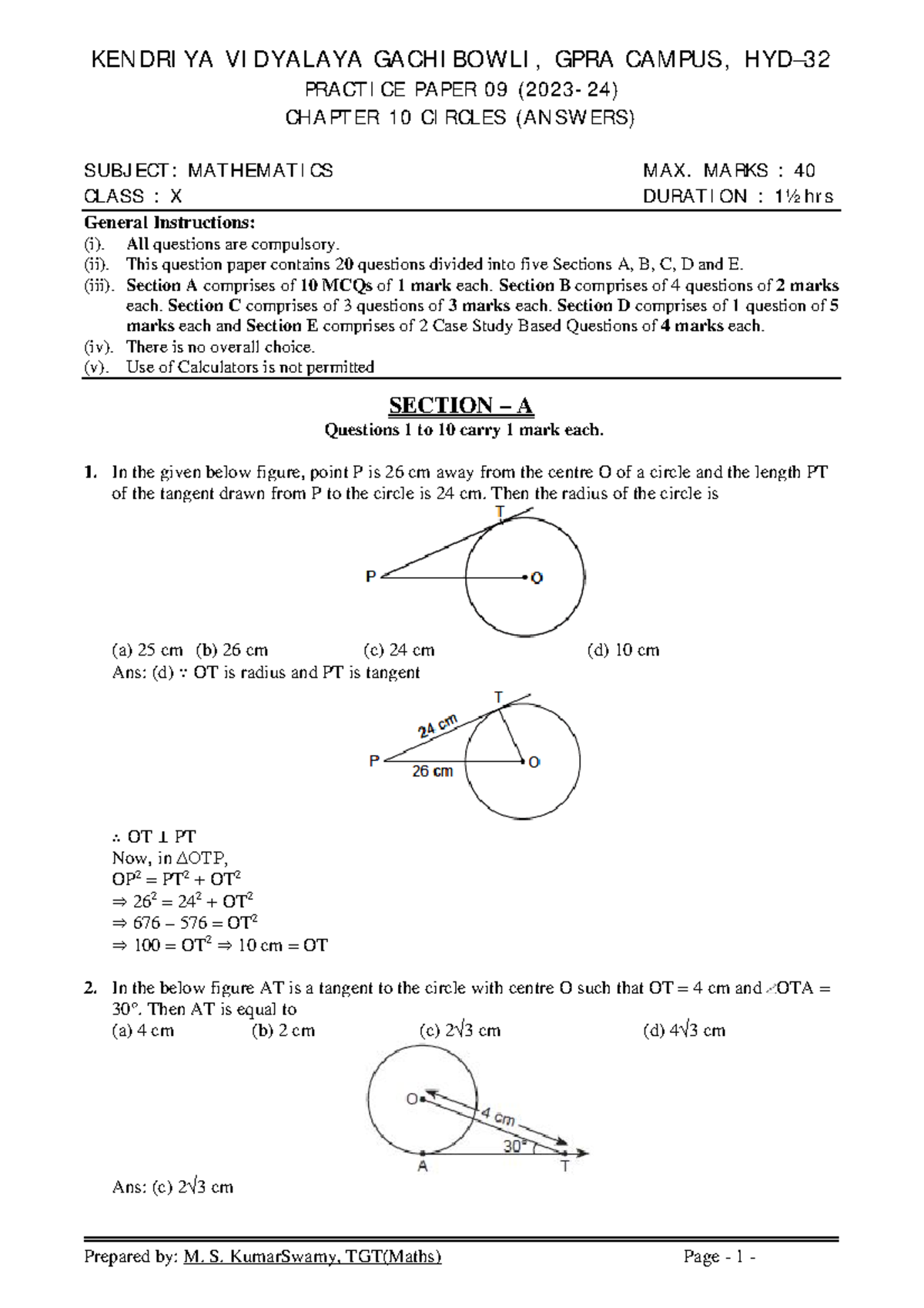 Maths Class X Chapter 10 Circles Practice Paper 09 Answers - Studocu