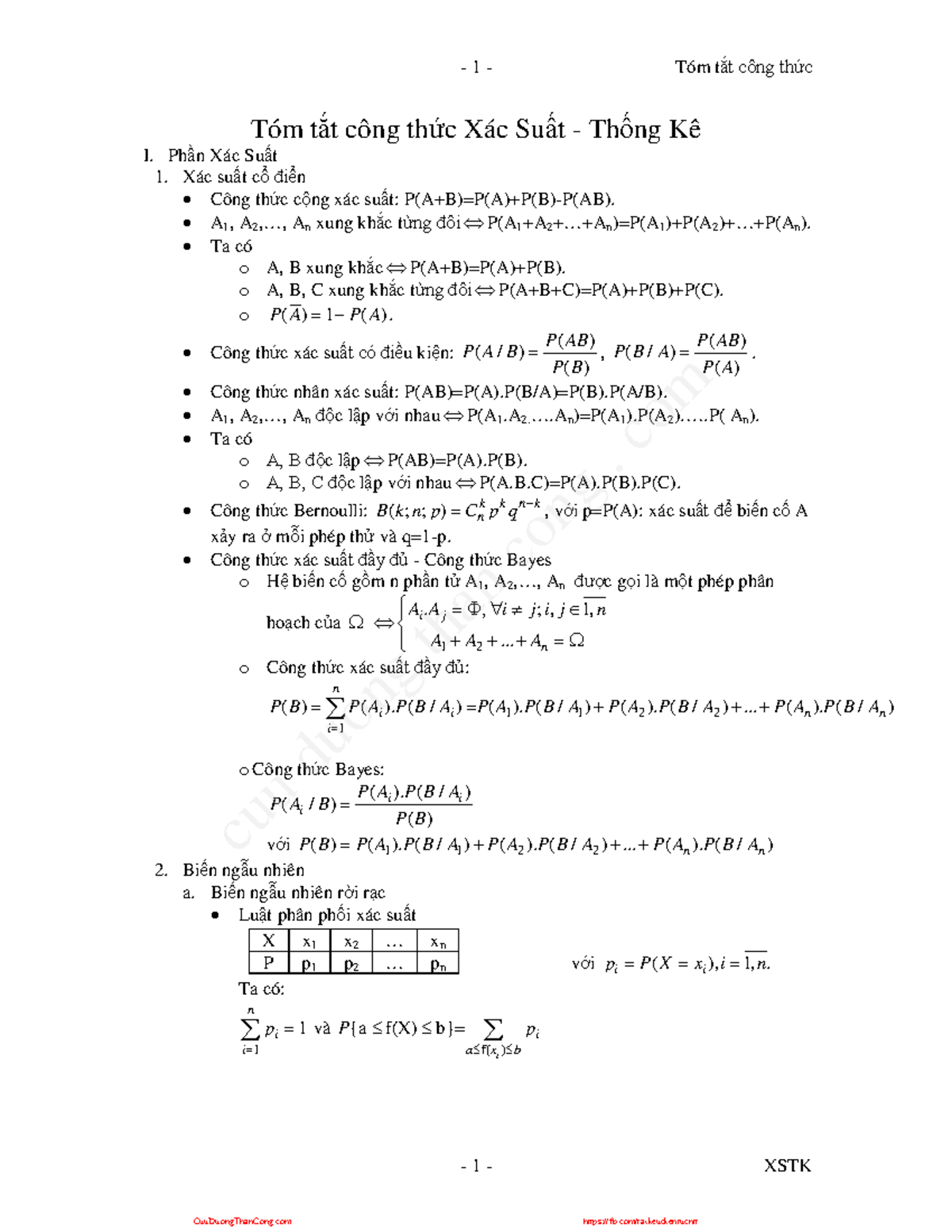 XSTK Tóm Tắt Công Thức Xác Suất Thống Kê và Ứng Dụng - Studocu