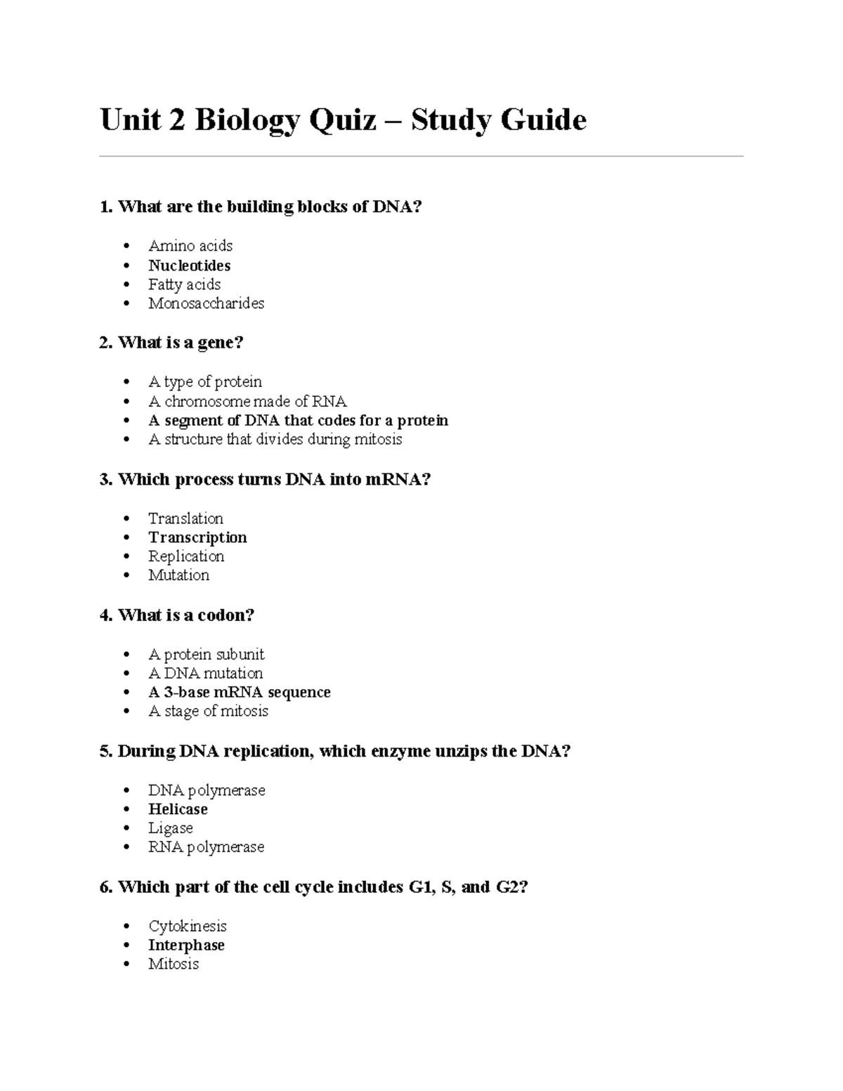 Unit 2 Biology Quiz Study Guide: DNA, Cancer & Cell Cycle Concepts ...