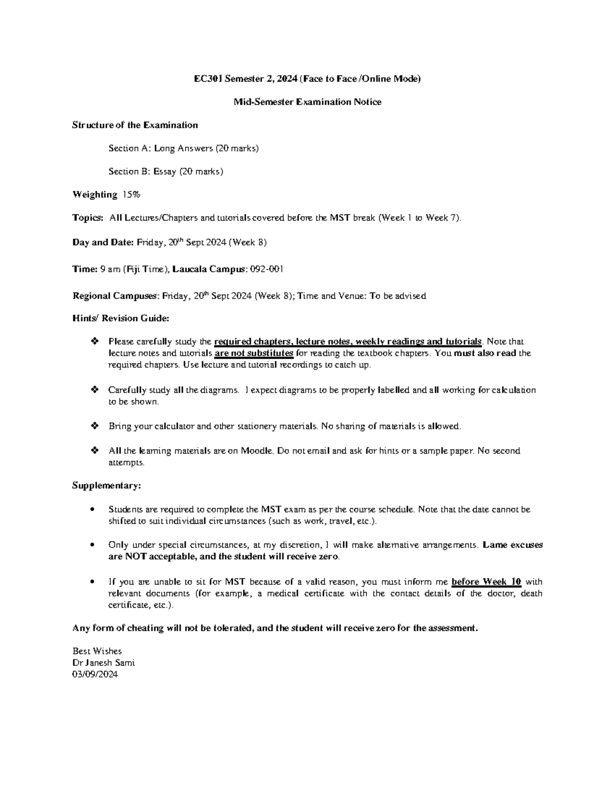 EC301 - Mid-Sem Exam Notice for Semester 2, 2024 (Face-to-Face/Online ...