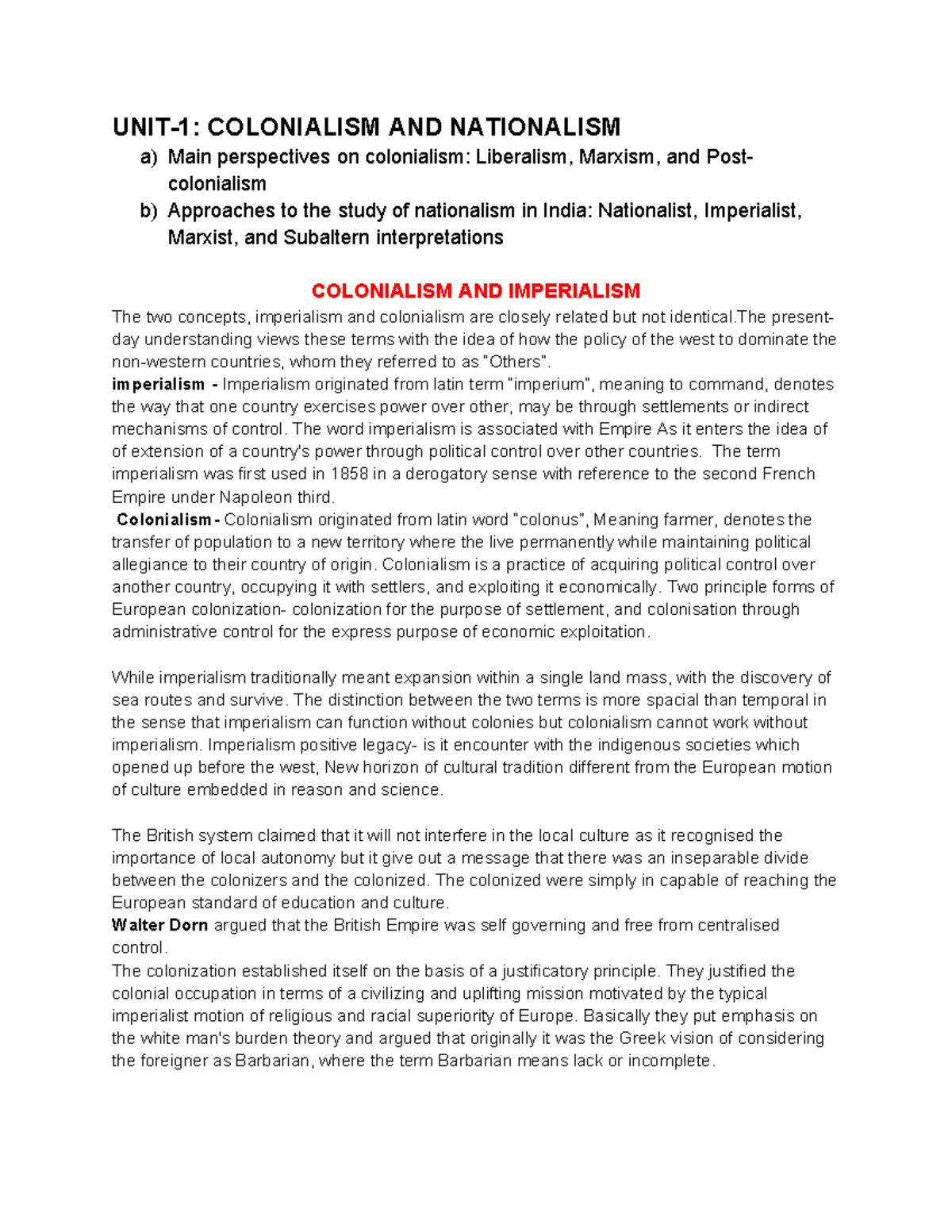 CNI- DSE - UNIT-1: COLONIALISM AND NATIONALISM a) Main perspectives on ...