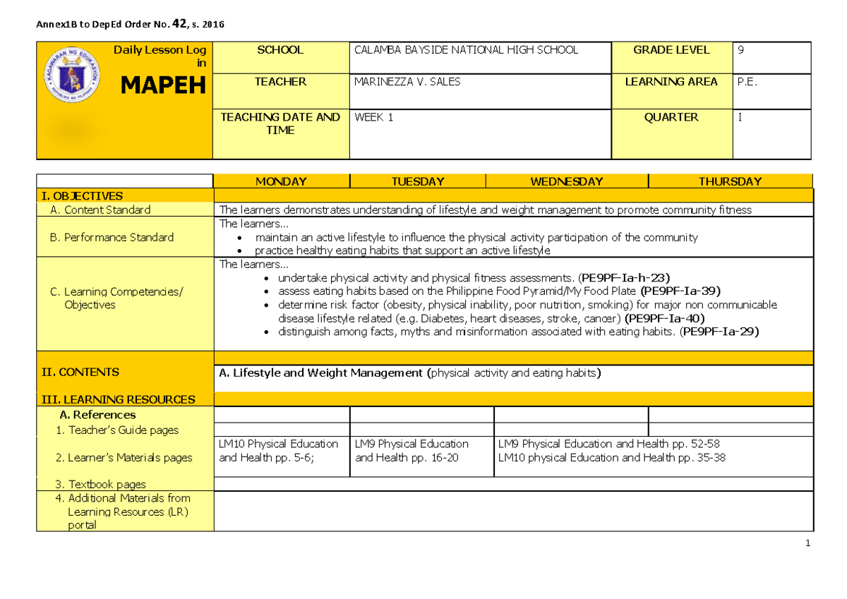 Grade 9 PE DLL Week 1: Lifestyle & Weight Management Objectives - Studocu