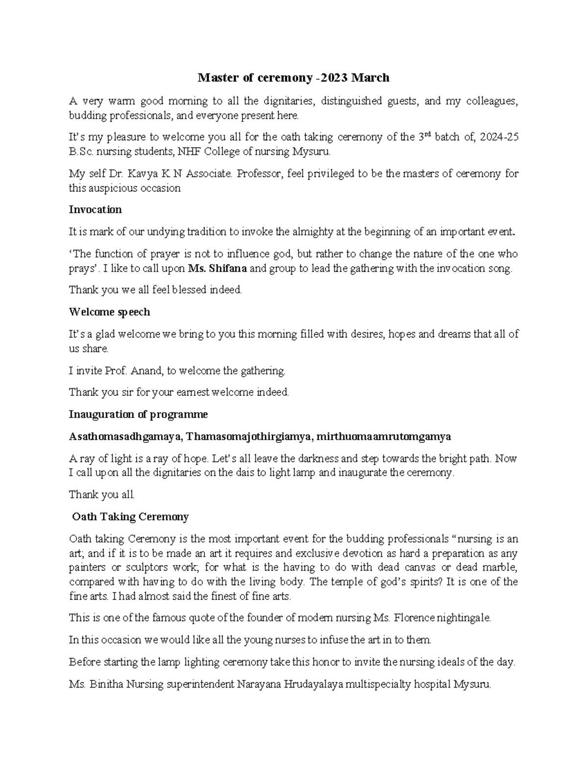 MC Script for Oath-Taking Ceremony - Nursing Batch 2024 - Studocu