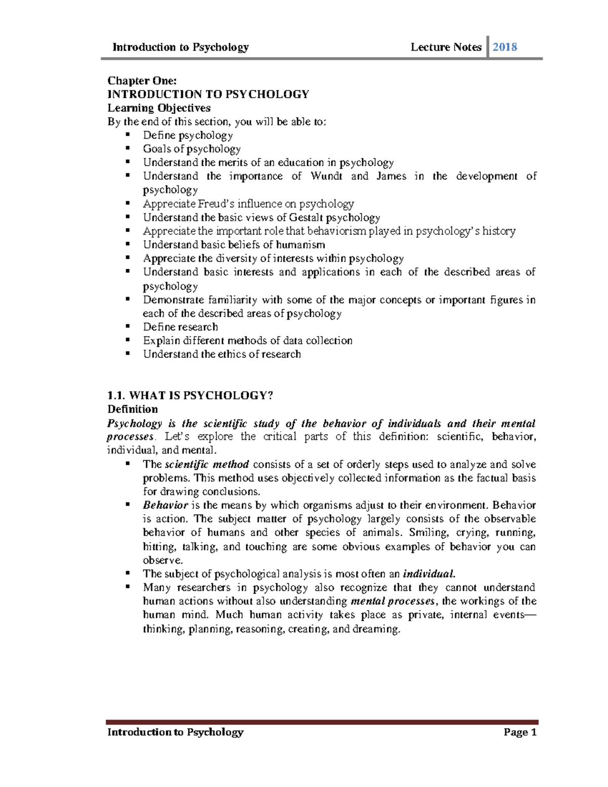 PSY 101: Introduction to Psychology Lecture Notes Overview - Studocu