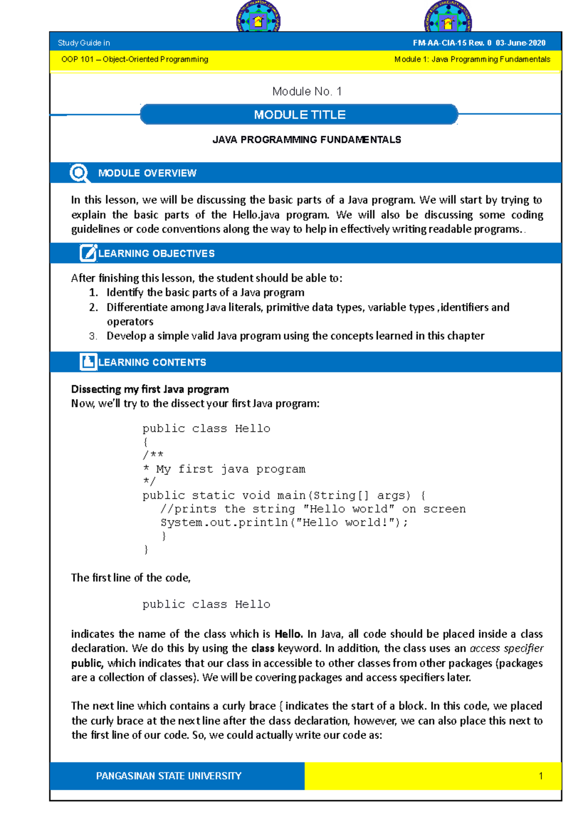 Study Guide 1 - JAVA PROGRAMMING FUNDAMENTALS - Module No. 1 JAVA ...