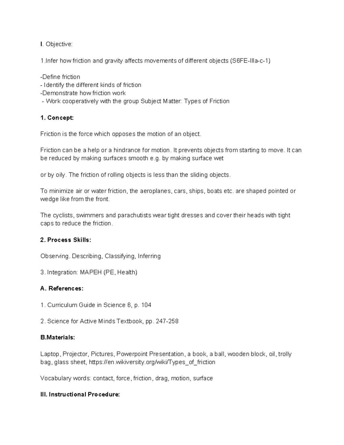 Science DLP - Comprehensive Lesson Plan on Types of Friction - Studocu