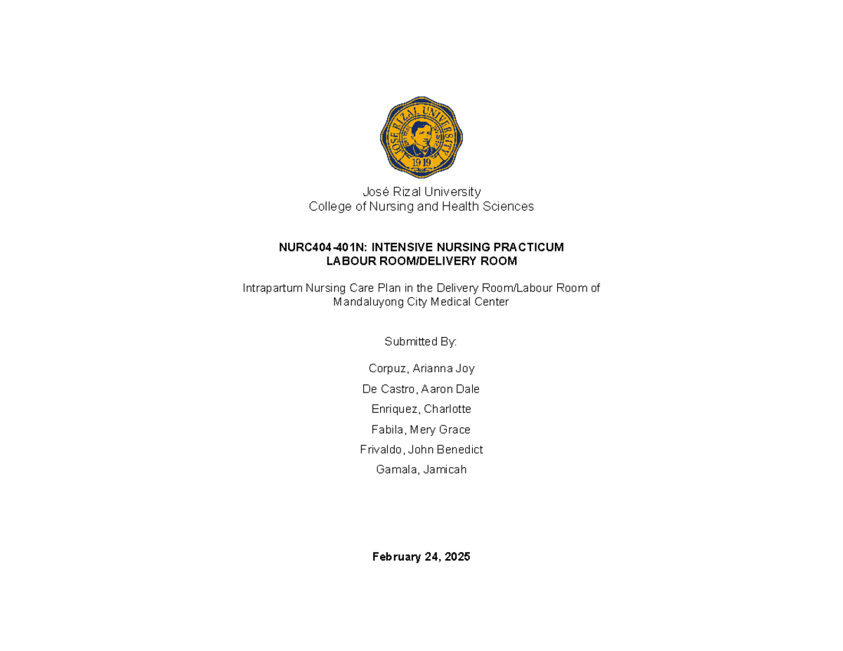 NCP-Delivery-Room - Ncp - José Rizal University College of Nursing and ...