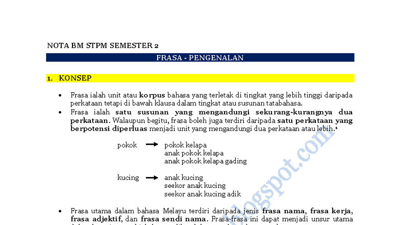 NOTA BM STPM SEMESTER 2: Pengenalan kepada Frasa dan Ciri-cirinya - Studocu
