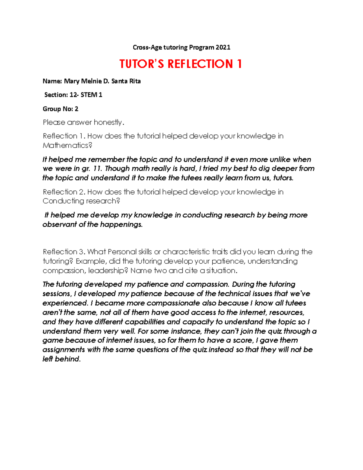 Santa RITA Tutors-Reflection-1 - Cross-Age tutoring Program 2021 TUTOR ...