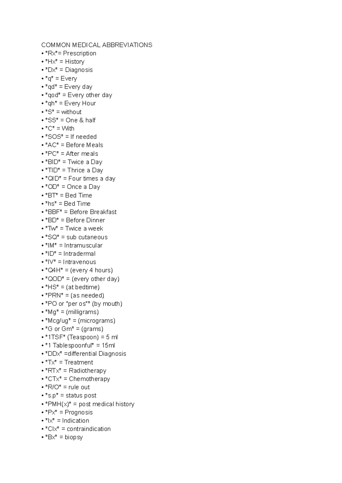 Common Medical Abbreviations: A Comprehensive Guide - Studocu