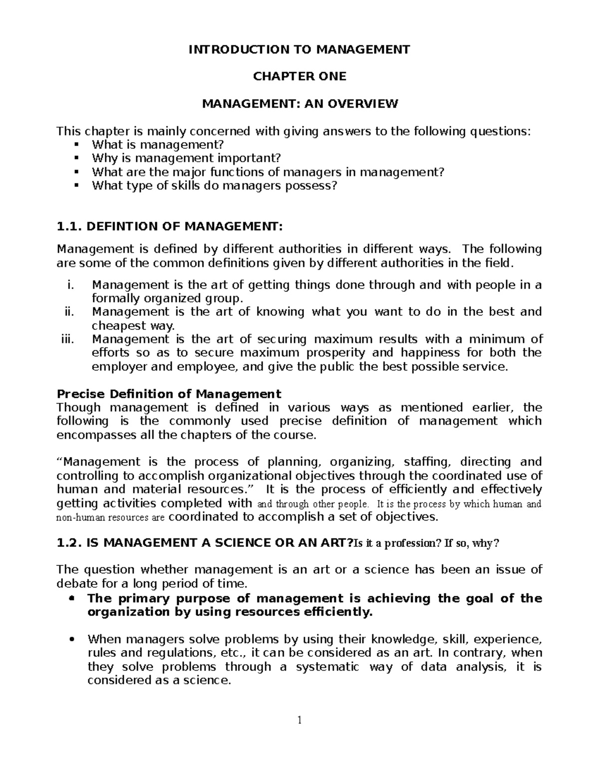 Intro ch 1 - INTRODUCTION TO MANAGEMENT CHAPTER ONE MANAGEMENT: AN ...