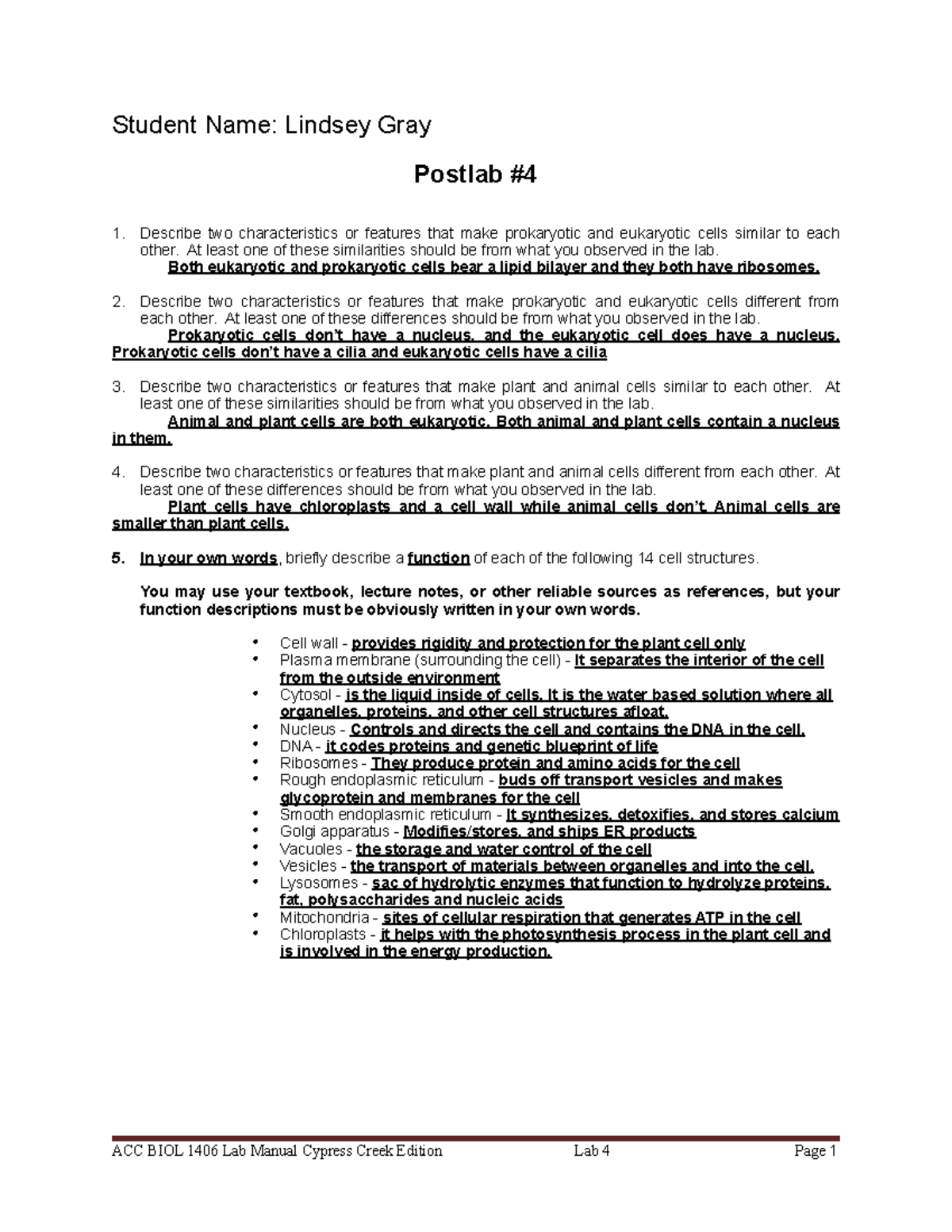 BIOL 1406 Post Lab 4: Comparing Eukaryotic & Prokaryotic Cells - Studocu