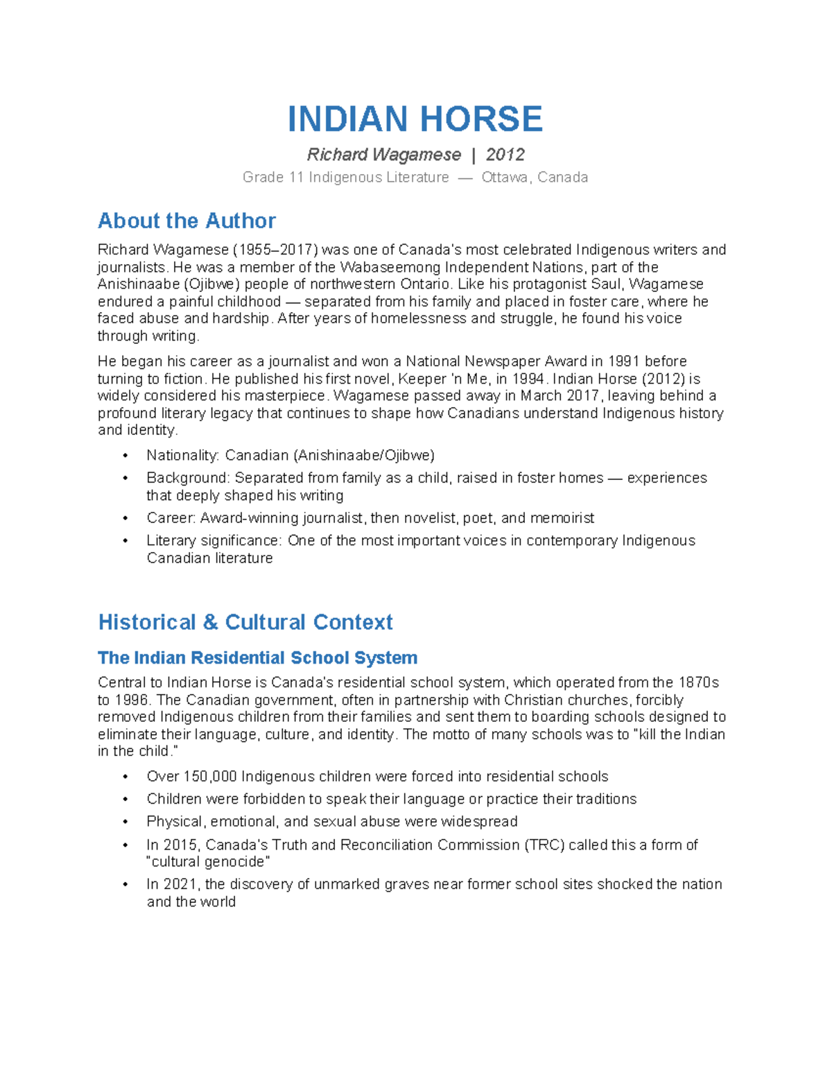 Indian Horse Study Guide - Grade 11 Indigenous Literature - Studocu