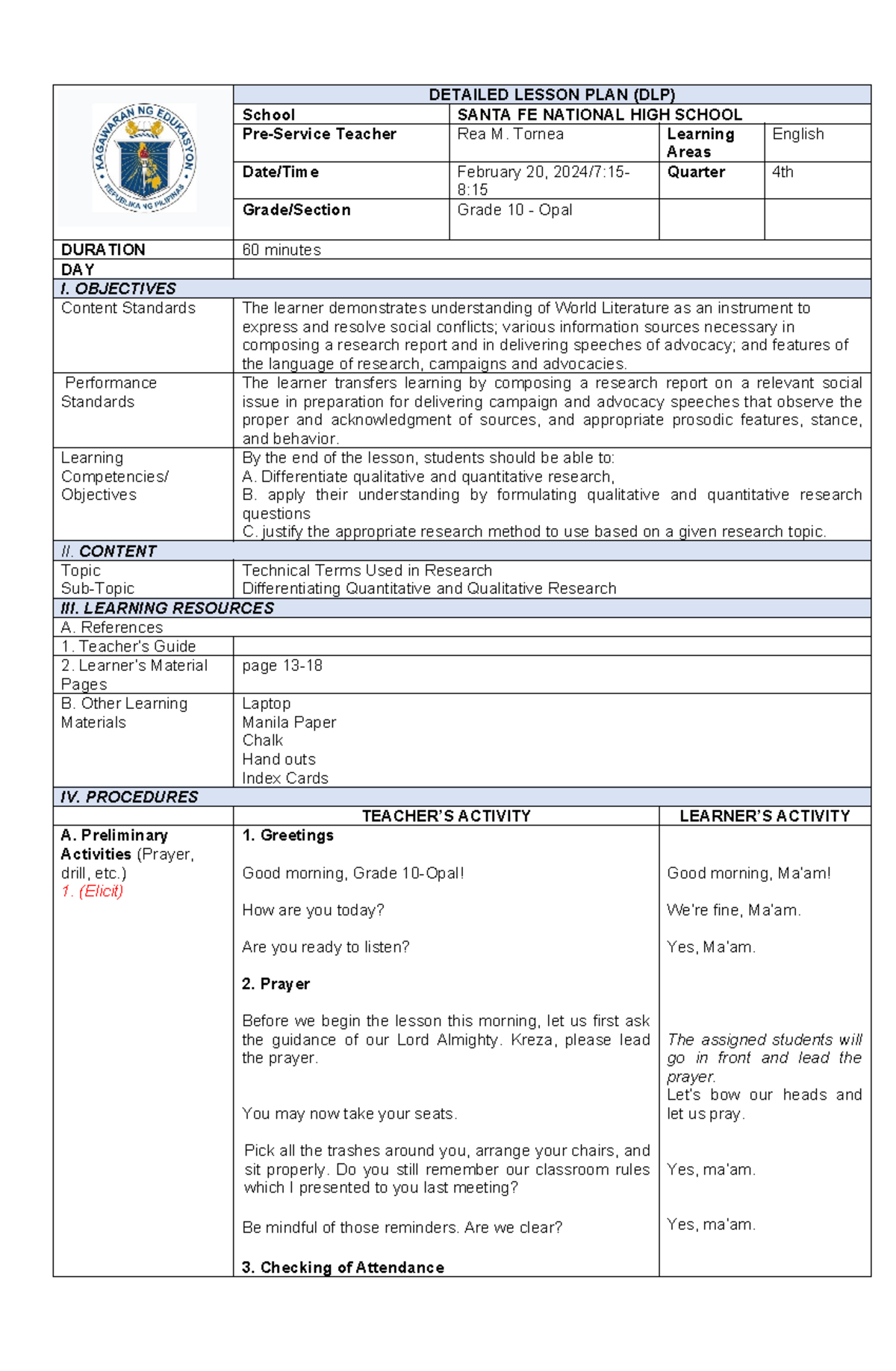 English 10 q1 lesson 2 - Notes - DETAILED LESSON PLAN (DLP) School ...
