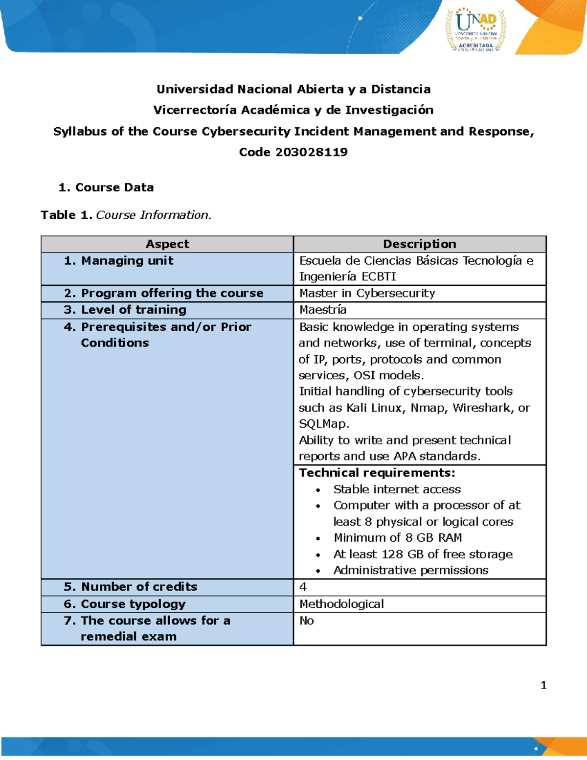 Syllabus for Cybersecurity Incident Management and Response (203028119 ...