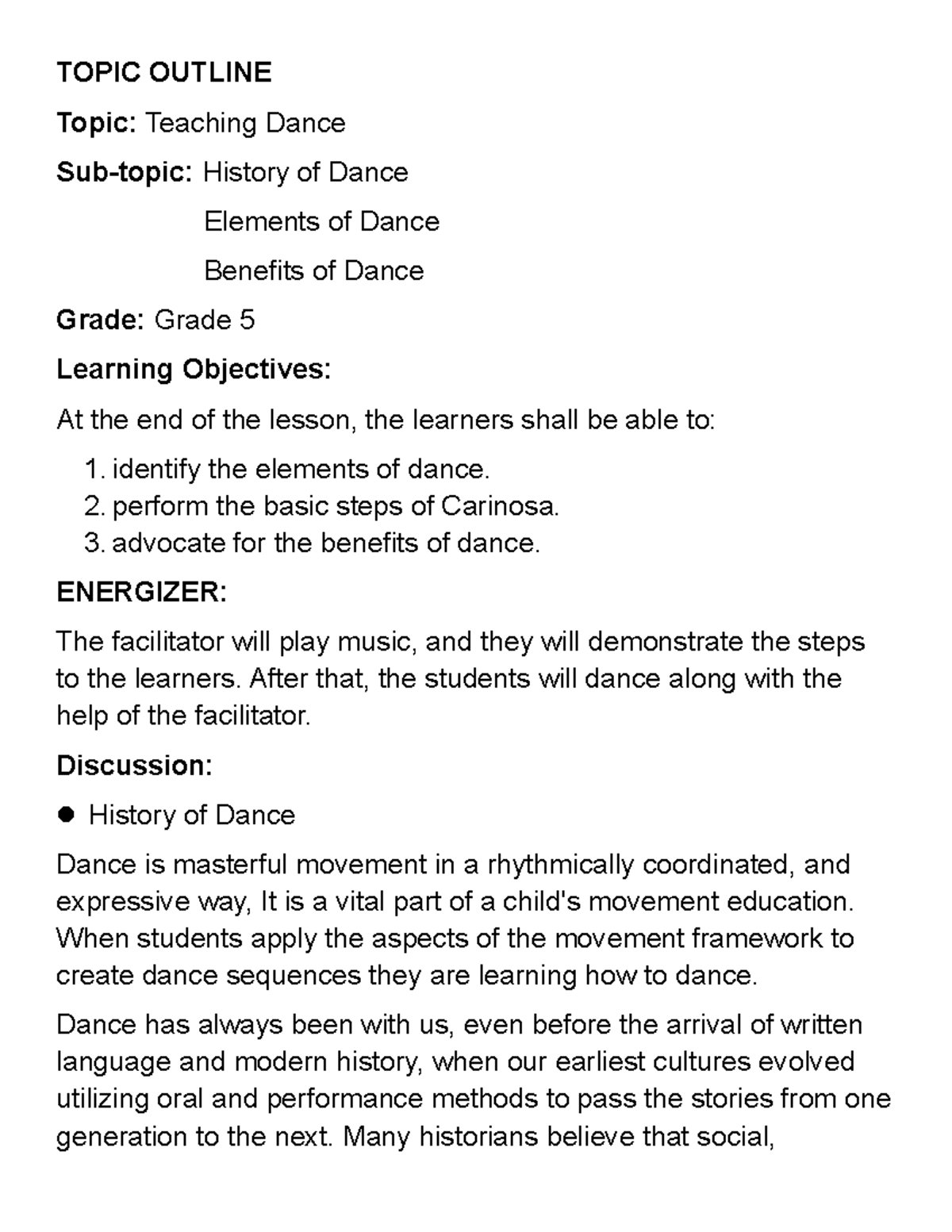 Teaching dance: History, elements, and benefits for grade 5 - Studocu