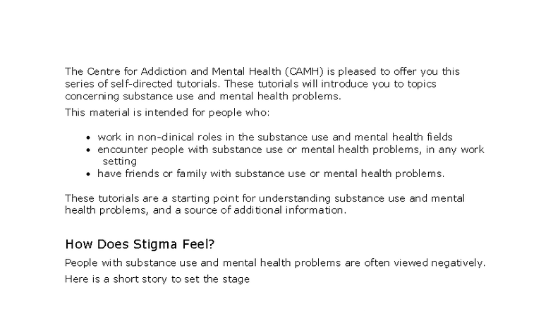 CAMH 101: Understanding and Addressing Stigma in Mental Health - Studocu