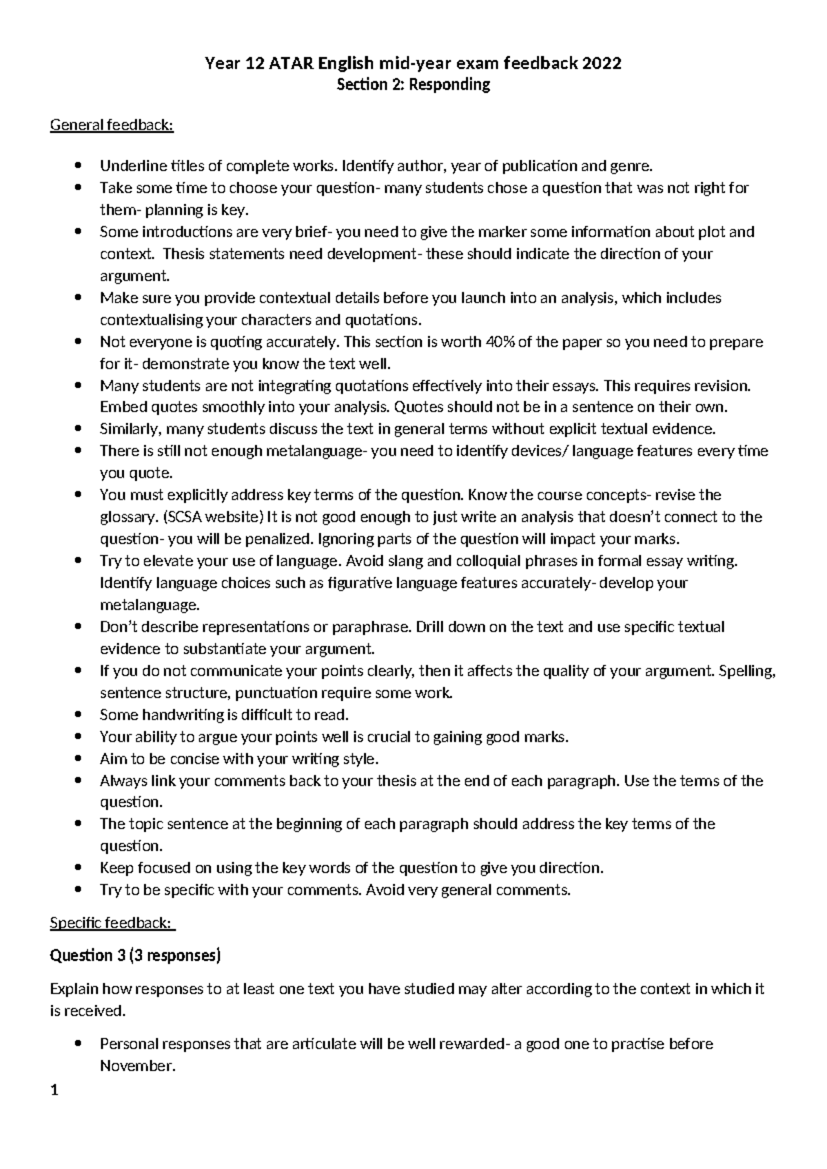 Applecross Year 12 ATAR English Mid-Year Exam Feedback Sem 1 2023 - Studocu