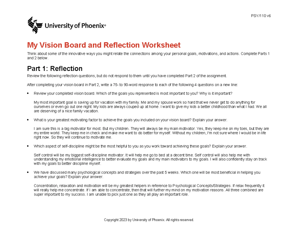 PSY/110 v6 Week 5 Vision Board & Reflection Worksheet - Studocu