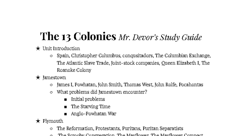 13 Colonies - Study Guide (Unit Overview & Key Concepts) - Studocu