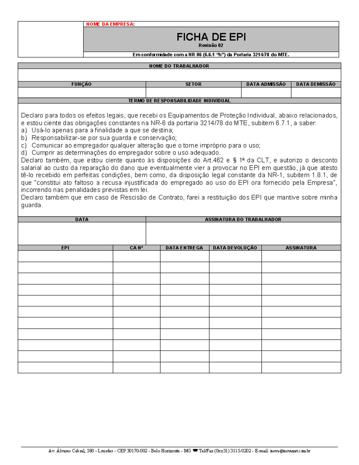 Ficha de EPI - NR-06: Termo de Responsabilidade Individual - Studocu