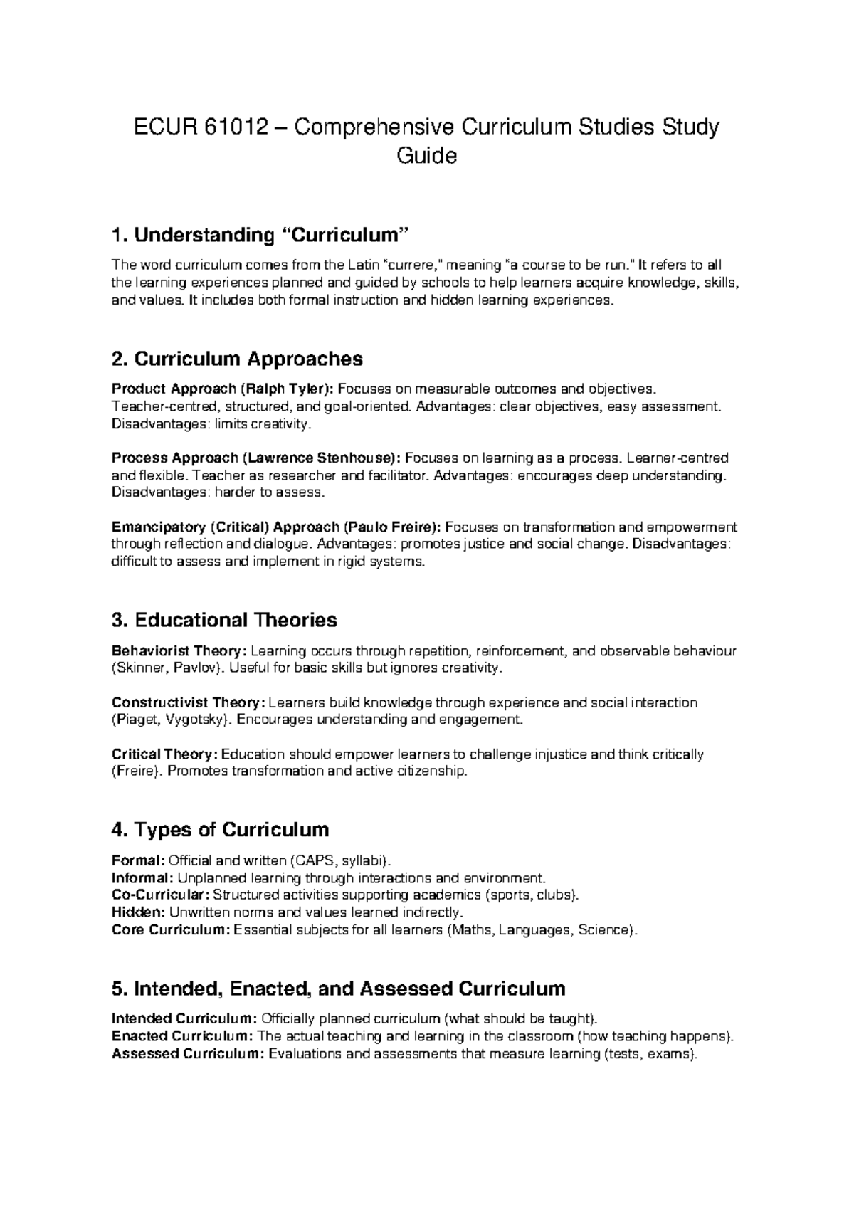 ECUR 61012 Comprehensive Curriculum Studies Study Guide Overview - Studocu