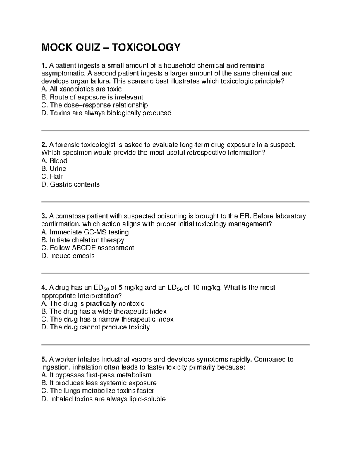 MOCK QUIZ TOXICOLOGY - Key Concepts and Principles - Studocu