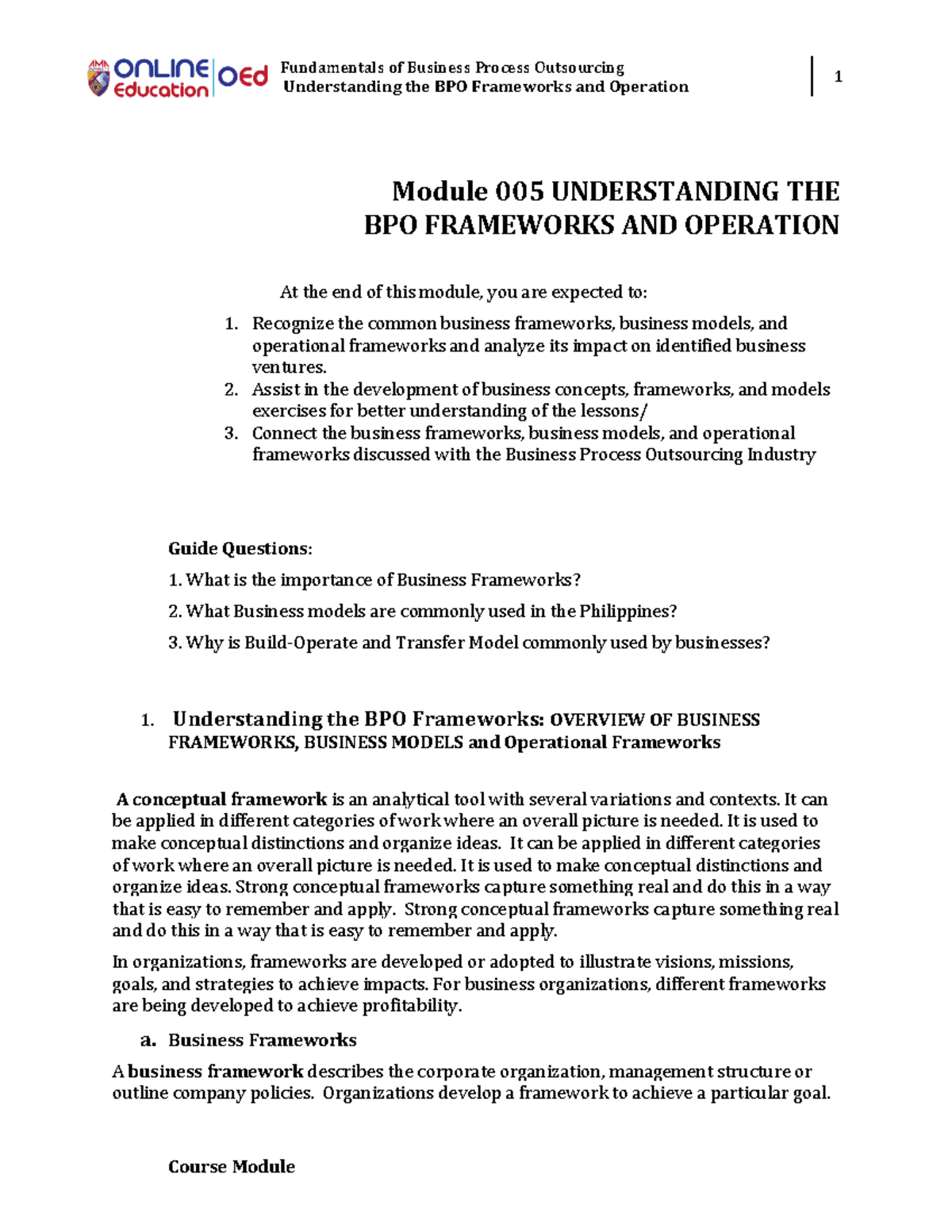 Lesson 4- Understanding the BPO Frameworks and Operation - Understanding the BPO Frameworks and ...
