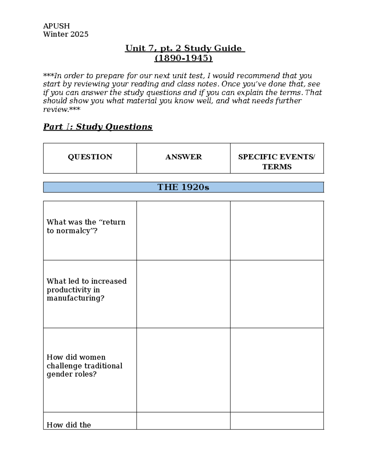 Unit 7, Pt. 2 Study Guide (2025) - Winter 2025 Unit 7, pt. 2 Study ...