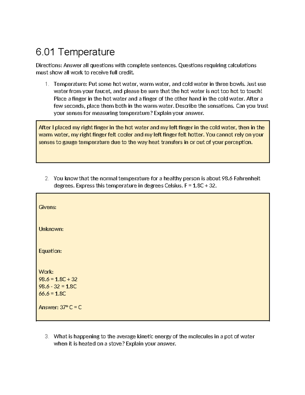 6.01 Temperature Experiment and Concepts Overview - Studocu