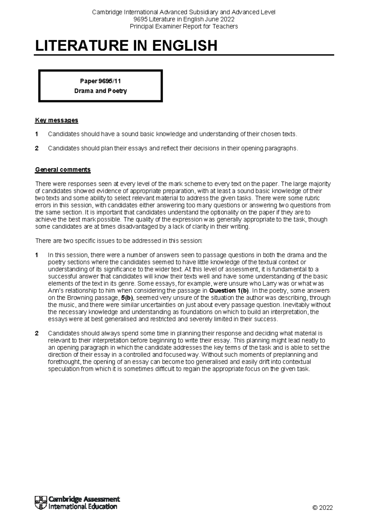 Cambridge International A Level 9695 Literature in English June 2022 ...