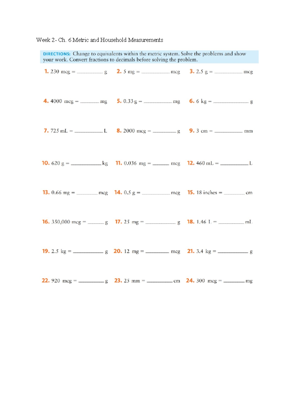 (Students) Week 2- Ch.6 Metric and household measurements practice set ...