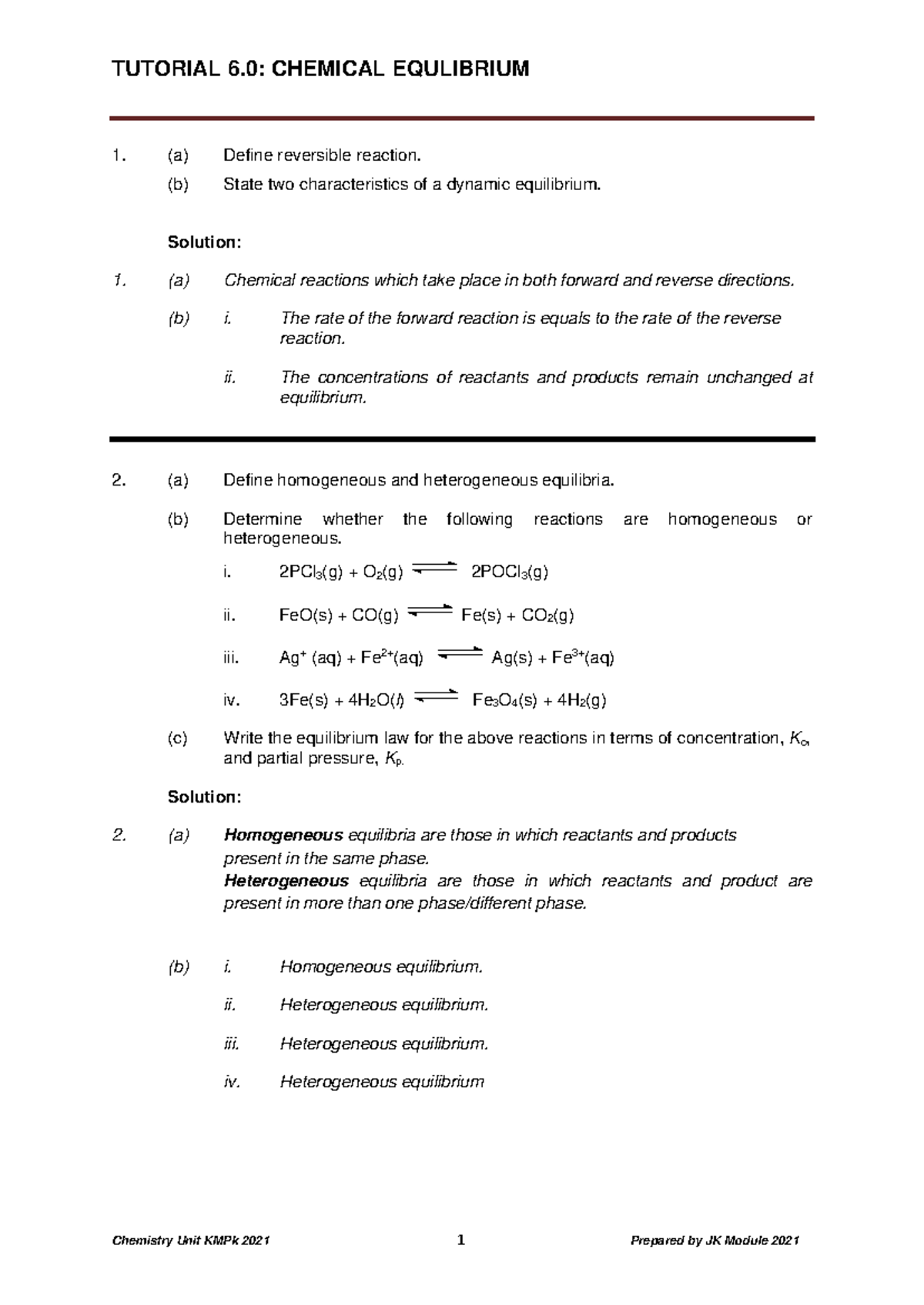 TUTORIAL 6.0: CHEMICAL EQUILIBRIUM Q&A Solutions - Studocu