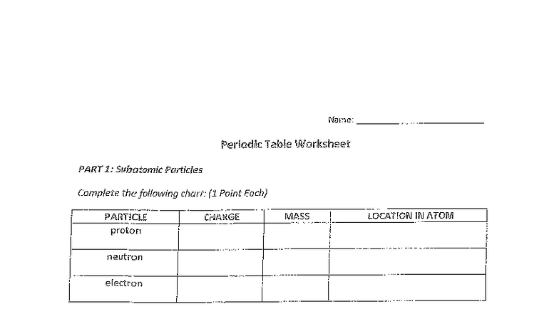 Periodic Table Worksheet (Part 1-3) - Subatomic Particles & Elements ...