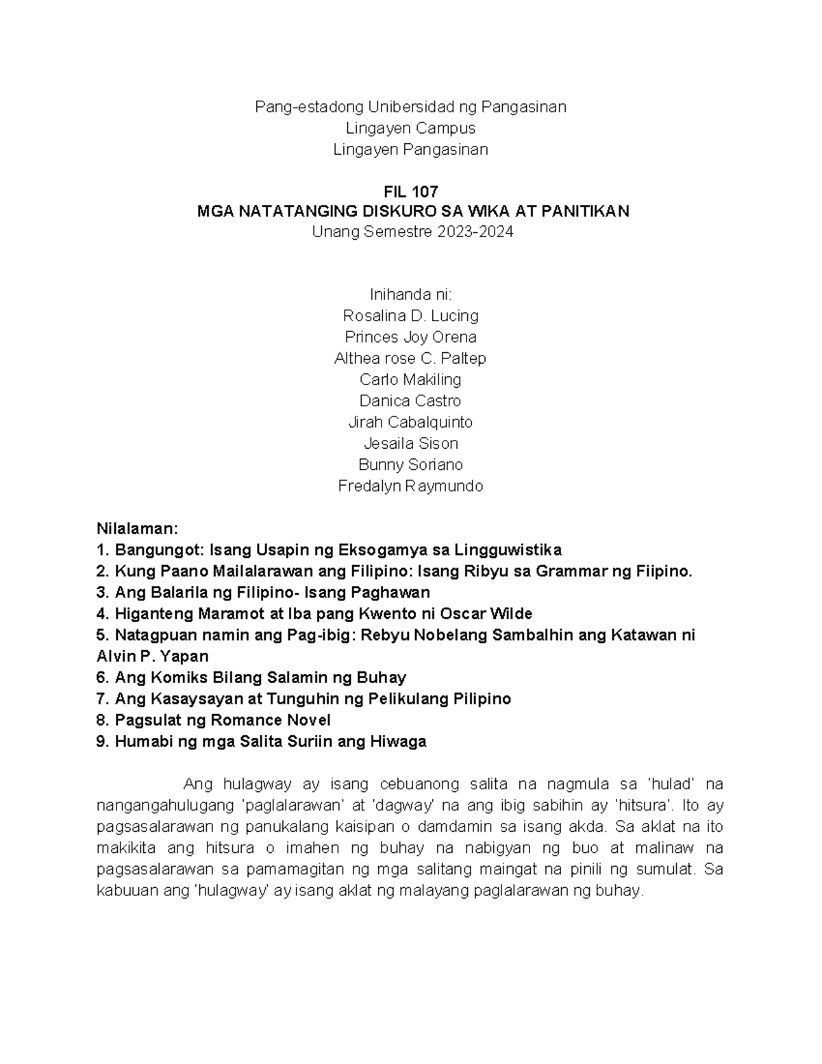 FIL-107 Aralin 5 - Mga Diskurso sa Wika at Panitikan - Studocu