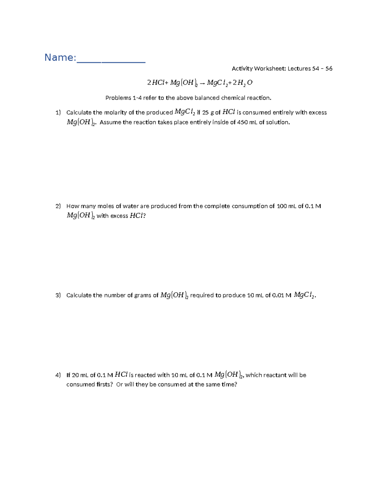 Activity Worksheet: Chemistry Problems on Molarity and Reactions - Name ...